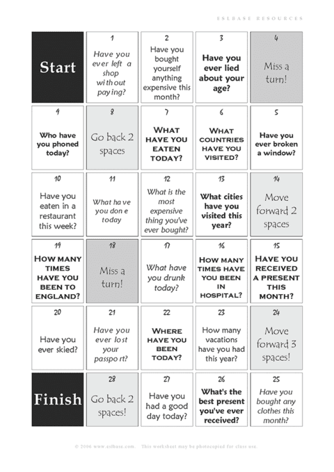 Past Simple Board Game - Eslbase.com